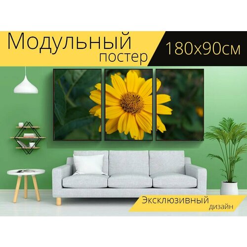 Модульный постер "Солнечный глаз, летнее солнце, желтый цветок" 180 x 90 см. для интерьера