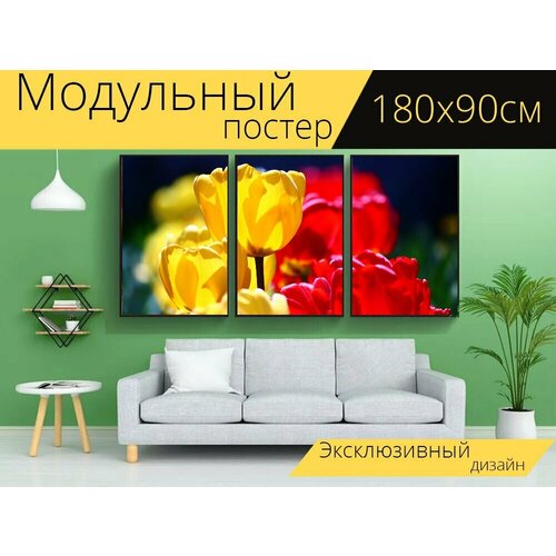 Модульный постер "Желтые тюльпаны в красном, кондитерские изделия, весна" 180 x 90 см. для интерьера