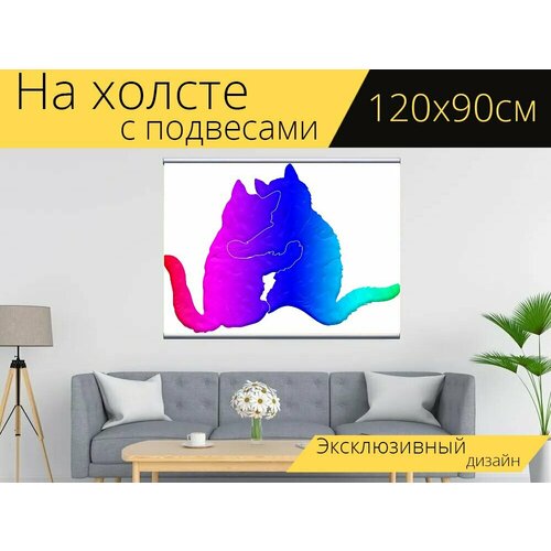 Картина на холсте "Кошки, кошачьи, пара" с подвесами 120х90 см. для интерьера