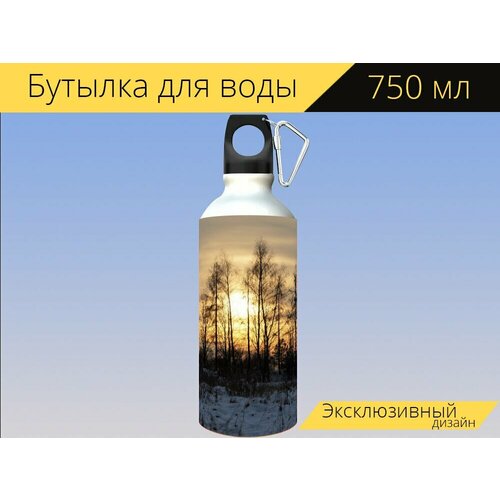 Бутылка фляга для воды "Деревья, поле, снег" 750 мл. с карабином и принтом