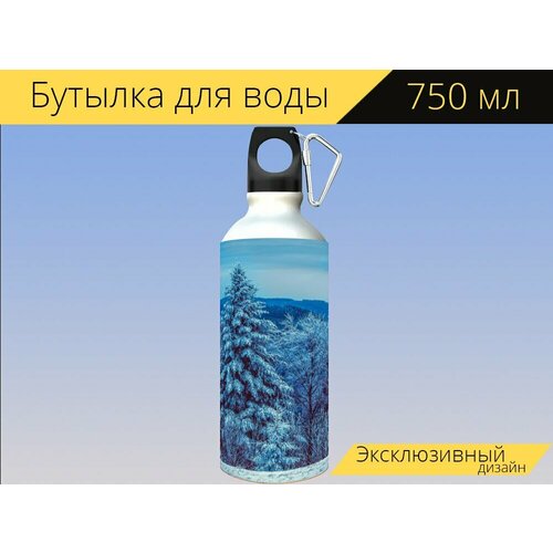 Бутылка фляга для воды "Зимний пейзаж, замороженный, пейзаж" 750 мл. с карабином и принтом