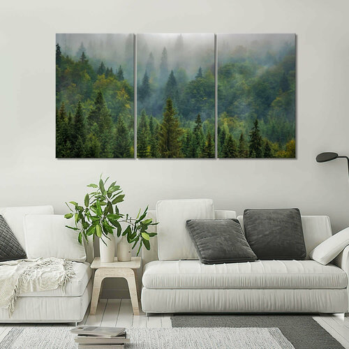 Модульная картина/Модульная картина на холсте/Модульная картина в подарок/зелёный лес в тумане - green forest in the fog 90х50