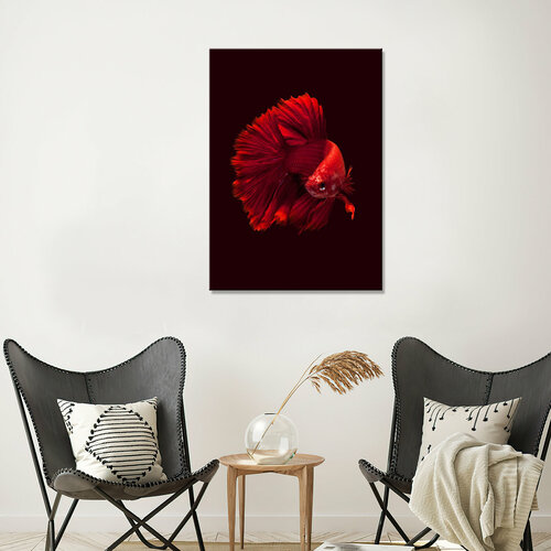 Интерьерная картина на холсте - Красная золотая рыбка на черном полотне 30х40