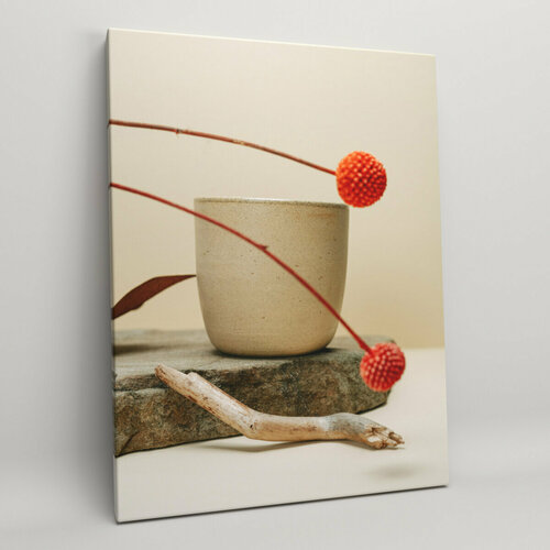 Картина на холсте (интерьерный постер) "Натюрморт - кашпо с красными сухоцветами" в скандинавском стиле, с деревянным подрамником, размер 45x60 см