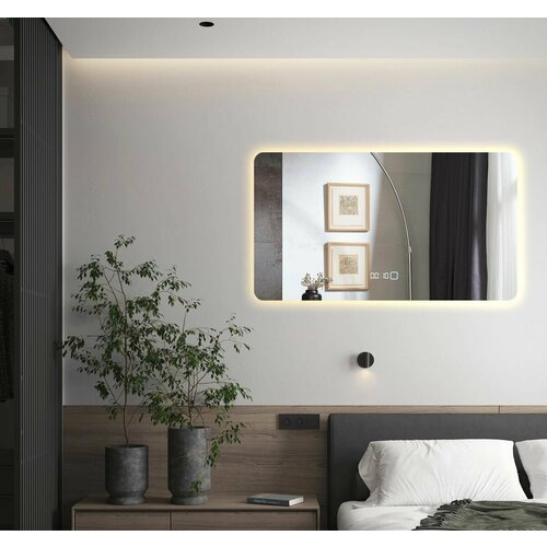Зеркало для ванной с часами Prisma 90*140 прямоугольное горизонтальное "парящее" с тёплой LED-подсветкой