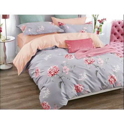2 спальное постельное белье двустороннее сатин серое с цветами