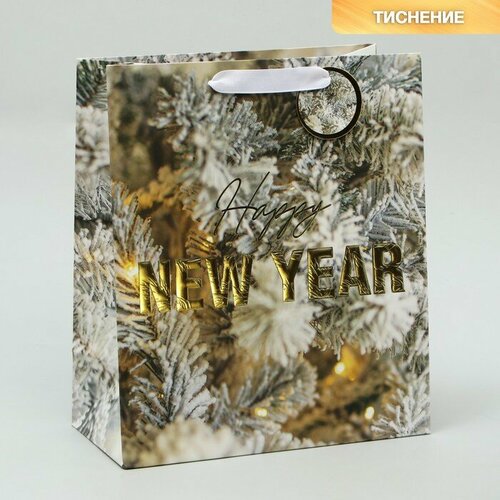 Дарите Счастье Пакет ламинированный вертикальный, конгревное тиснение «Счастливого Нового года», ML 23 × 27 × 11.5 см