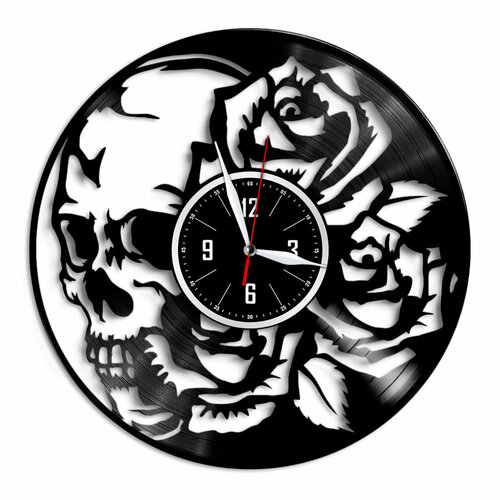 Череп и розы - настенные часы из виниловой пластинки