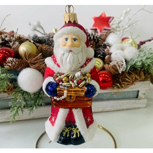 Елочная игрушка Дед Мороз-Санта с подарком 15см стекло