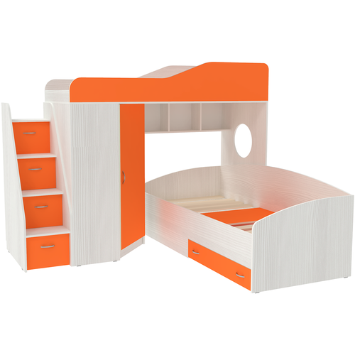 Кровать двухъярусная Кадет 2 с универсальной лестницей Белое дерево - Оранжевый