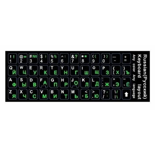 Наклейки на клавиатуру черный фон, буквы белые англ, зеленые русские