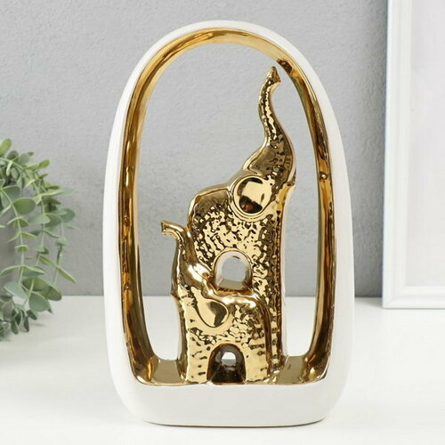 Сувенир керамика "Слон и слонёнок" белый с золотом 6х17х29 см