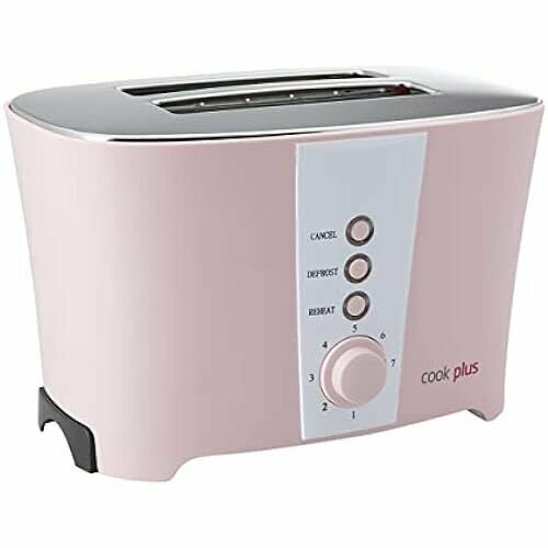 Тостер Cookplus Pink, 800 Вт, 220 240 В переменного тока, 50 Гц, для 2 ломтиков хлеба, 7 уровней нагрева, кнопка выключения, функция разогрева и легко очищаемый поддон для крошек.