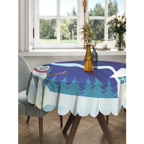 Скатерть круглая тканевая на стол JoyArty с рисунком "Домашний снеговик" 150 на 150 см