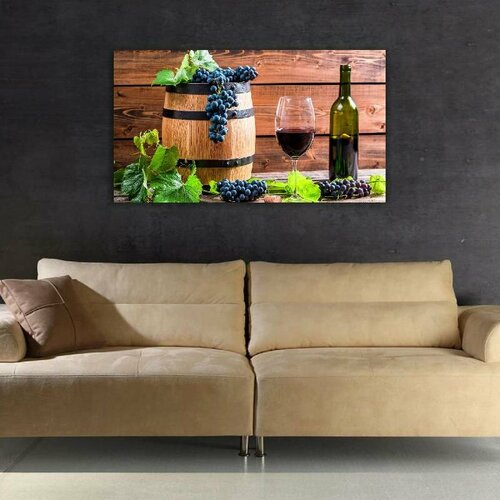 Картина на холсте 60x110 LinxOne "Бочонок красное бокал листья" интерьерная для дома / на стену / на кухню / с подрамником