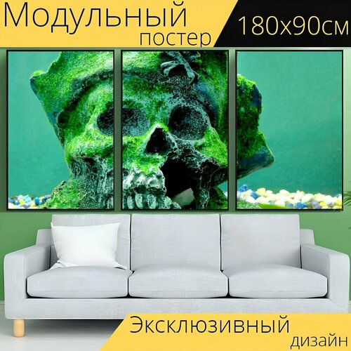Модульный постер "Череп, аквариум, рыбы" 180 x 90 см. для интерьера