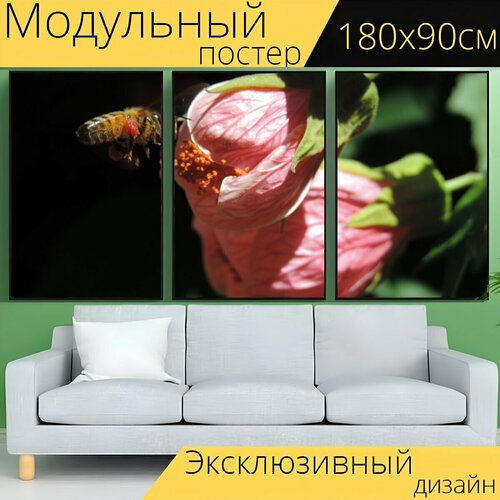 Модульный постер "Розовые мальвы, цветы, сад" 180 x 90 см. для интерьера