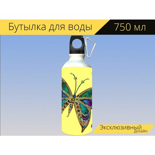 Бутылка фляга для воды "Бабочка, мозаика, желтый" 750 мл. с карабином и принтом