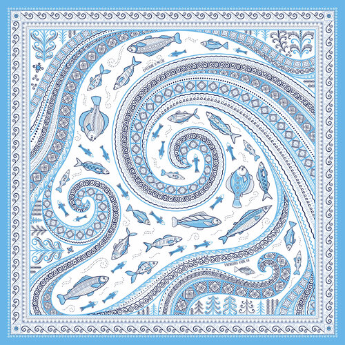 Платок Русские в моде by Nina Ruchkina,90х90 см, голубой, белый