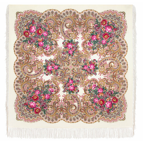 Платок Павловопосадская платочная мануфактура,125х125 см, горчичный, розовый