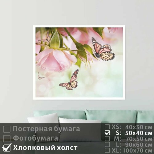 Постер на холсте Бабочки На Розовых Розах В Пастельных Тонах 50х40 см ПолиЦентр
