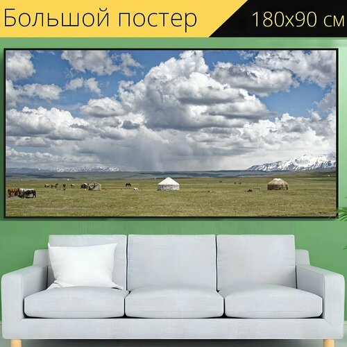 Большой постер "Кыргызстан, кочевники, юрты" 180 x 90 см. для интерьера