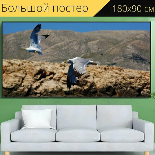 Большой постер "Море, чайки, птицы" 180 x 90 см. для интерьера