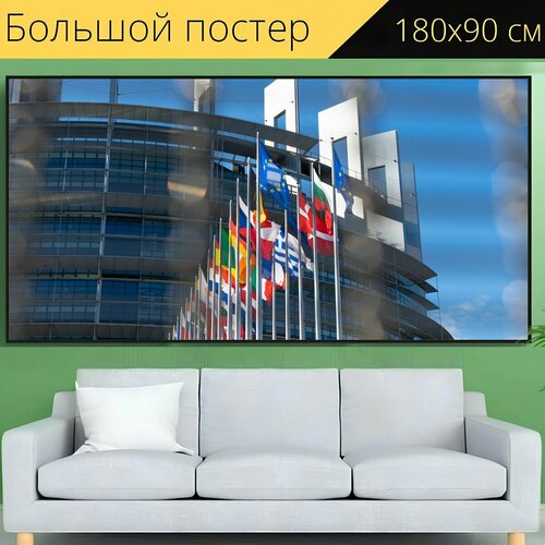 Большой постер "Дворец европы, европа, флаги" 180 x 90 см. для интерьера