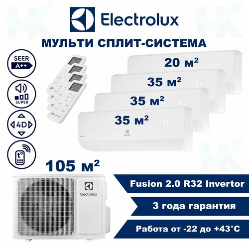 Инверторная мульти сплит-система ELECTROLUX серии Fusion 2.0 на 4 комнаты (20 м2 + 35 м2 + 35 м2 + 35 м2) с наружным блоком 105 м2, Попеременная работа