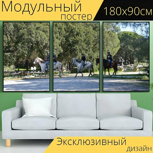 Модульный постер "Лошади, лес, парк" 180 x 90 см. для интерьера