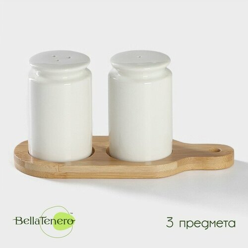 Набор фарфоровый для специй на деревянной подставке BellaTenero, 3 предмета: солонка 90 мл, перечница 90 мл, подставка, цвет белый