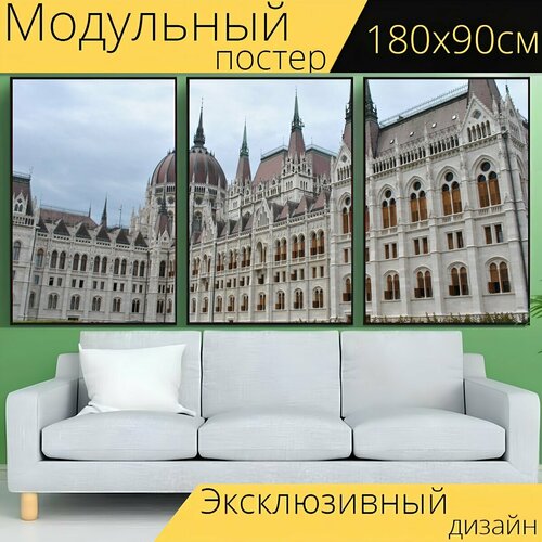 Модульный постер "Площадь кошута, здание венгерского парламента, парламент" 180 x 90 см. для интерьера