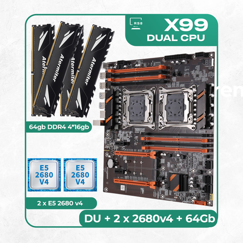 Комплект материнской платы X99: ZX-DU99D4 + 2 x Xeon E5 2680v4 + DDR4 64Гб Atermiter 2666Mhz 4х16Гб