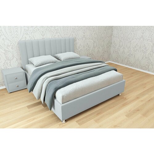 Двуспальная кровать Челси с матрасом 180x200 основание металлическое с ламелями велюр серый ножки 5 см