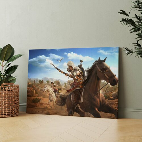 Картина на холсте "Мужчина верхом на коричневой лошади рядом с белой лошадью" 20x30 см. Интерьерная, на стену.