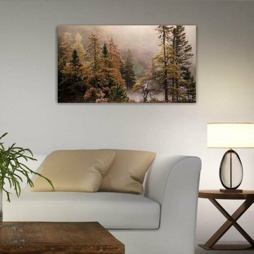 Картина на холсте 60x110 LinxOne "Лес туман осень" интерьерная для дома / на стену / на кухню / с подрамником