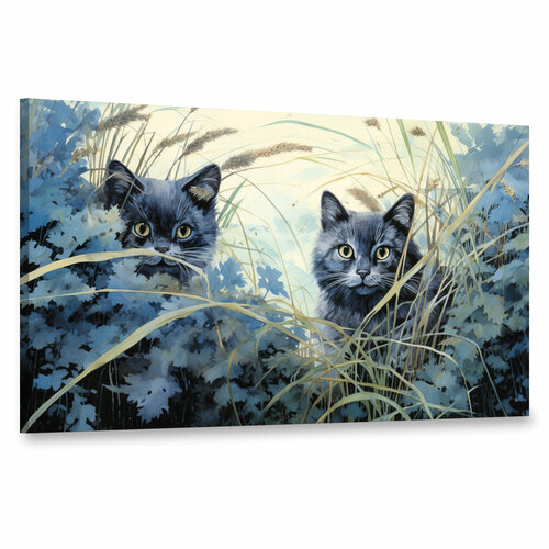 Интерьерная картина 100х60 "Синие коты в траве"