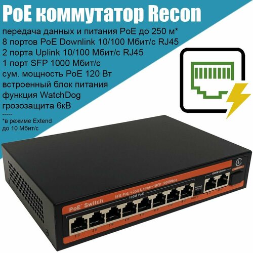 Коммутатор PoE Recon RN-G0812WD, 8 портов PoE+ 100 Мбит/с, 2 Uplink 1 Гбит/с, 1 SFP, бюджет PoE 120 Вт, для питания IP камер видеонаблюдения, точек доступа