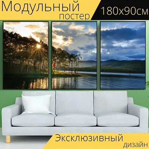 Модульный постер "Озеро, лес, сосна" 180 x 90 см. для интерьера
