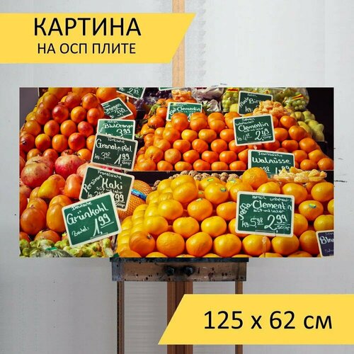 Картина на ОСП 125х62 см. "Подставка для фруктов, фрукты, производить" горизонтальная, для интерьера, с креплениями