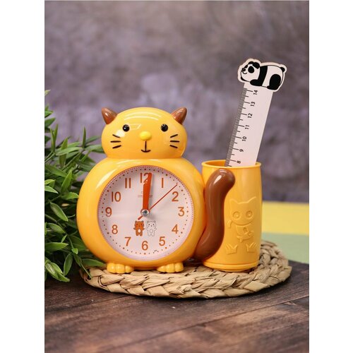 Часы настольные с будильником и подставкой для канцелярии Kitten yellow