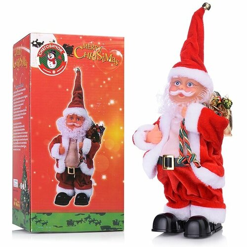 Новогодняя игрушка Снеговичок Музыкальный Дедушка, с мешком подарков, в коробке (S1340)