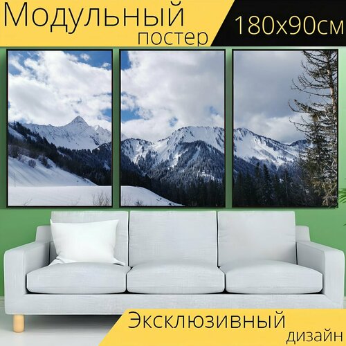 Модульный постер "Гора, зима, снег" 180 x 90 см. для интерьера