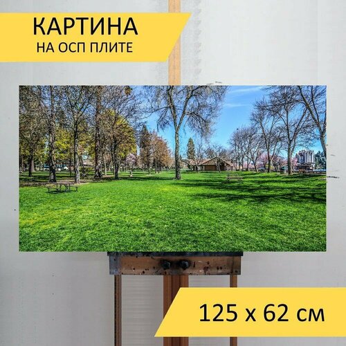 Картина на ОСП 125х62 см. "Парк, трава, весна" горизонтальная, для интерьера, с креплениями
