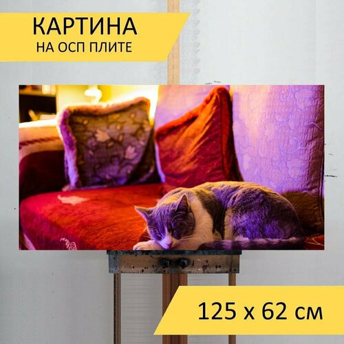 Картина на ОСП 125х62 см. "Кошка, спящая кошка, диван" горизонтальная, для интерьера, с креплениями