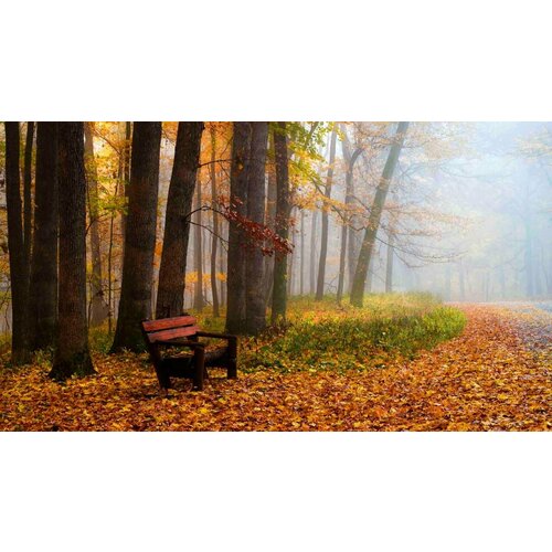 Картина на холсте 110x60 LinxOne "Деревья парк пейзаж осень лавочка" интерьерная для дома / на стену / на кухню / с подрамником