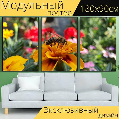 Модульный постер "Пчела, бархатцы, сад" 180 x 90 см. для интерьера
