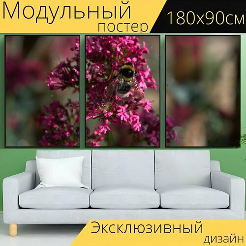 Модульный постер "Пчела, цветок, сад" 180 x 90 см. для интерьера
