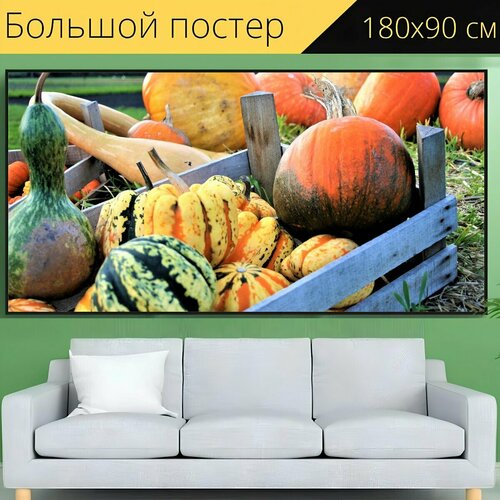 Большой постер "Декоративные тыквы, овощи, осень" 180 x 90 см. для интерьера