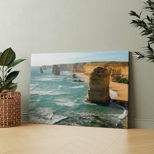 Картина на холсте "Большой водоем рядом с песчаным пляжем" 30x40 см. Интерьерная, на стену.